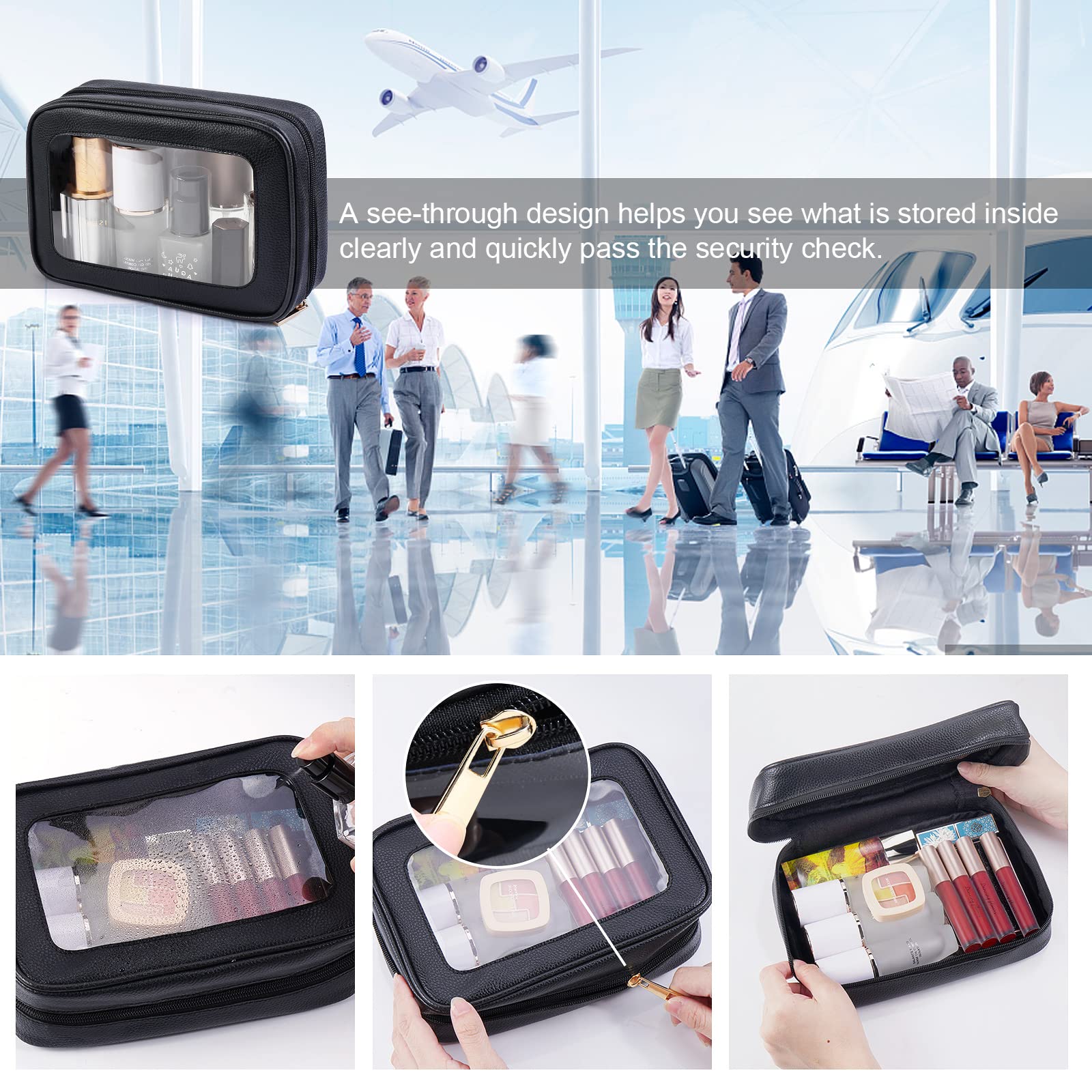 MAGEFY 2 PCS Travel Cosmetic Bags Leather Double Layer Organizer Clear Toiletry Bag Black Makeup Bags for Women Gifts with Adjustable Dividers