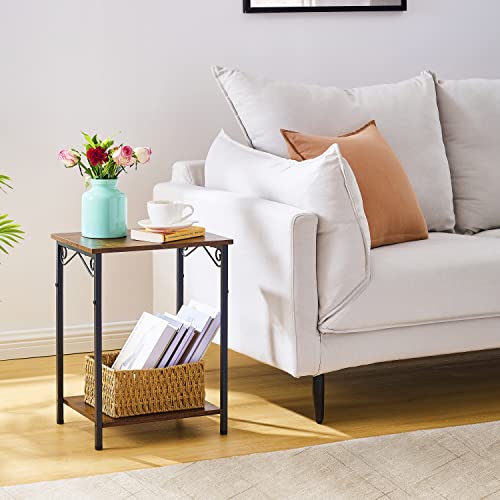 Hoctieon 2 Tier End Table, Small Night Table, Narrow Side Table with Storage, Nightstand for Small Spaces, Living Room, Bedroom, Sofa Couch, Rustic Brown