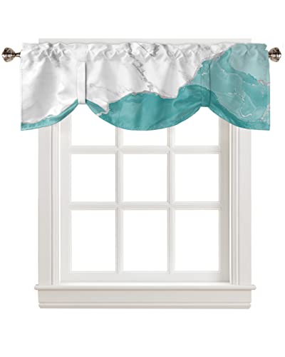 Segard Tie Up Valance for Windows,Marble Turquoise Gold and White Colors Kitchen Valances Adjustable Rod Pocket Window Shade Valance,Ink Painting Short Curtains Window Treatment for Bedroom 60x18in