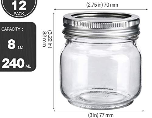 KAMOTA Mason DIY Spice Jars 8 oz With Regular Lids and Bands, Ideal for Jam, Honey, Wedding/Shower Favors, 12 PACK, 20 Whiteboard Labels Included