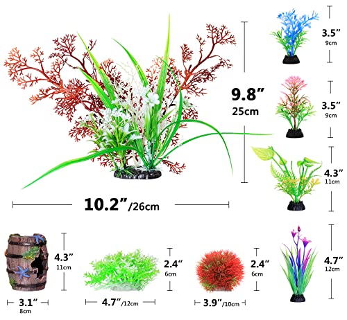 Fishdance Aquarium Plants, Artificial Fish Tank Plastic & Resin Plants and Broken Barrel Decorations Decor White Red Fake Coral Plants Set 8 Pcs