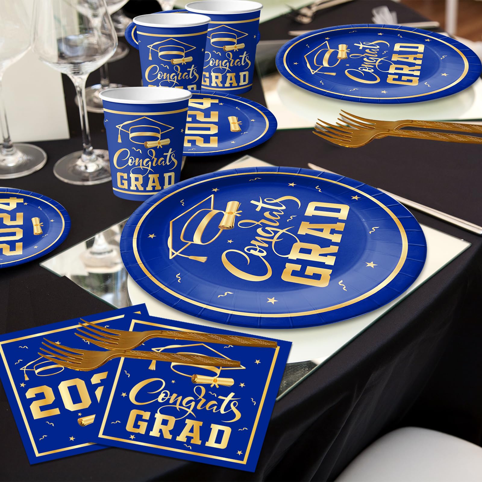 Graduation Decorations Class of 2024 Tableware Kit Blue and Gold Congrats Grad Plates and Napkins Disposable Graduation Party Supplies for Graduation Party Decorations (Blue)