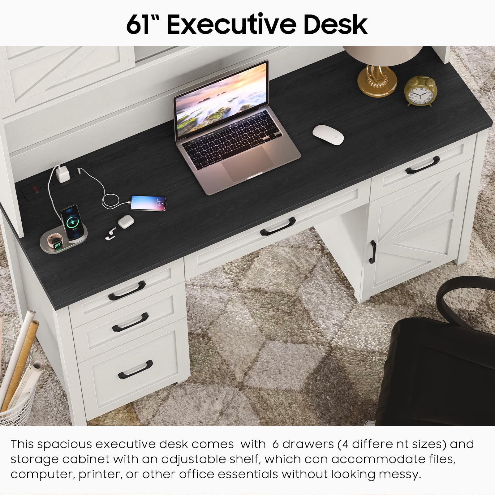 Farmhouse 61" Executive Desk with Hutch,Office Desk with 5 Drawers, Computer Desk with Storage Cabinet & File Drawers and Charging Station, Wood Workstation for Home Office and Study