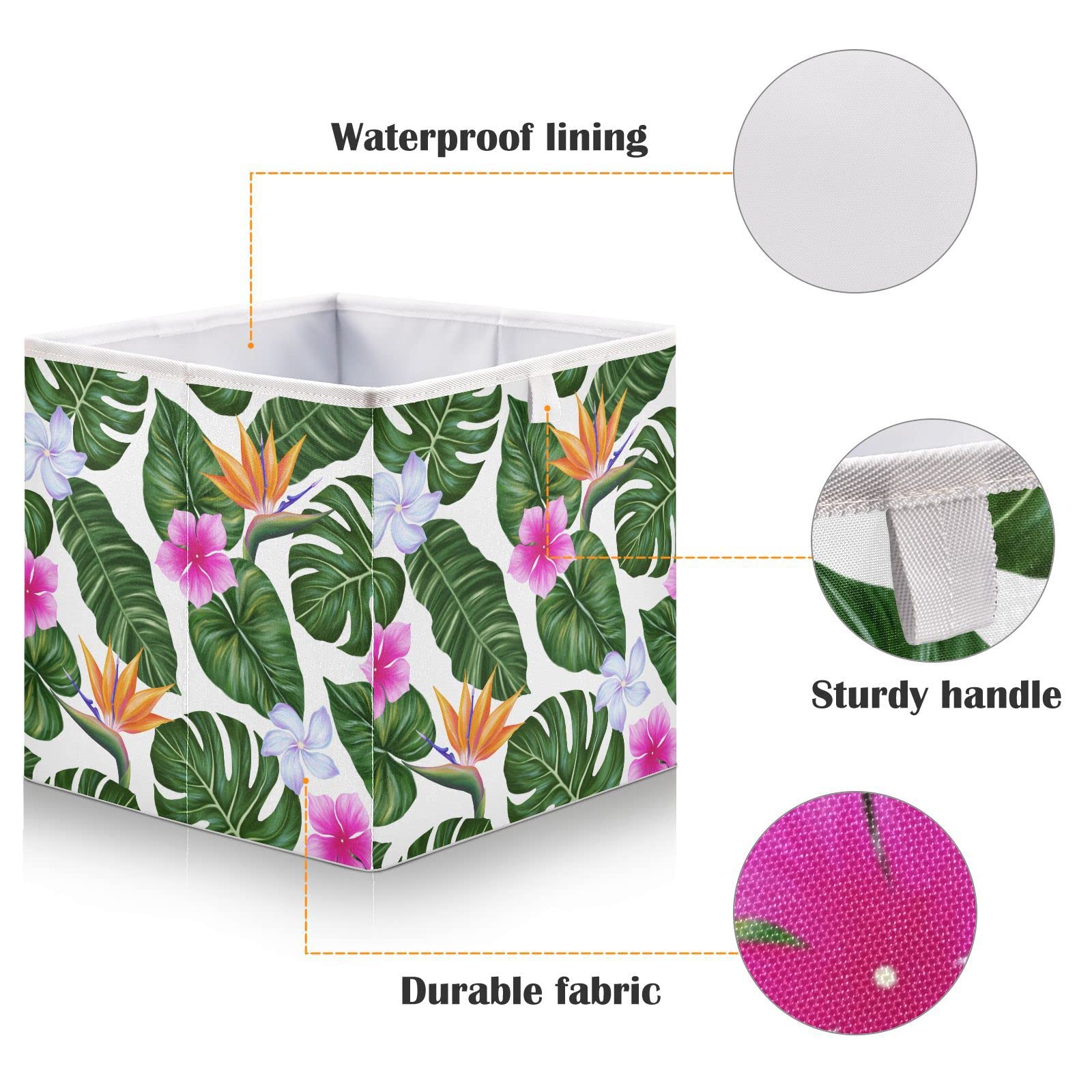 Burbuja Hawaiian Floral Palm Leaf Storage Cubes Fabric Storage Bins Foldable Closet Organizer Basket with Handle, 15.7x10.6x6.7 Inch