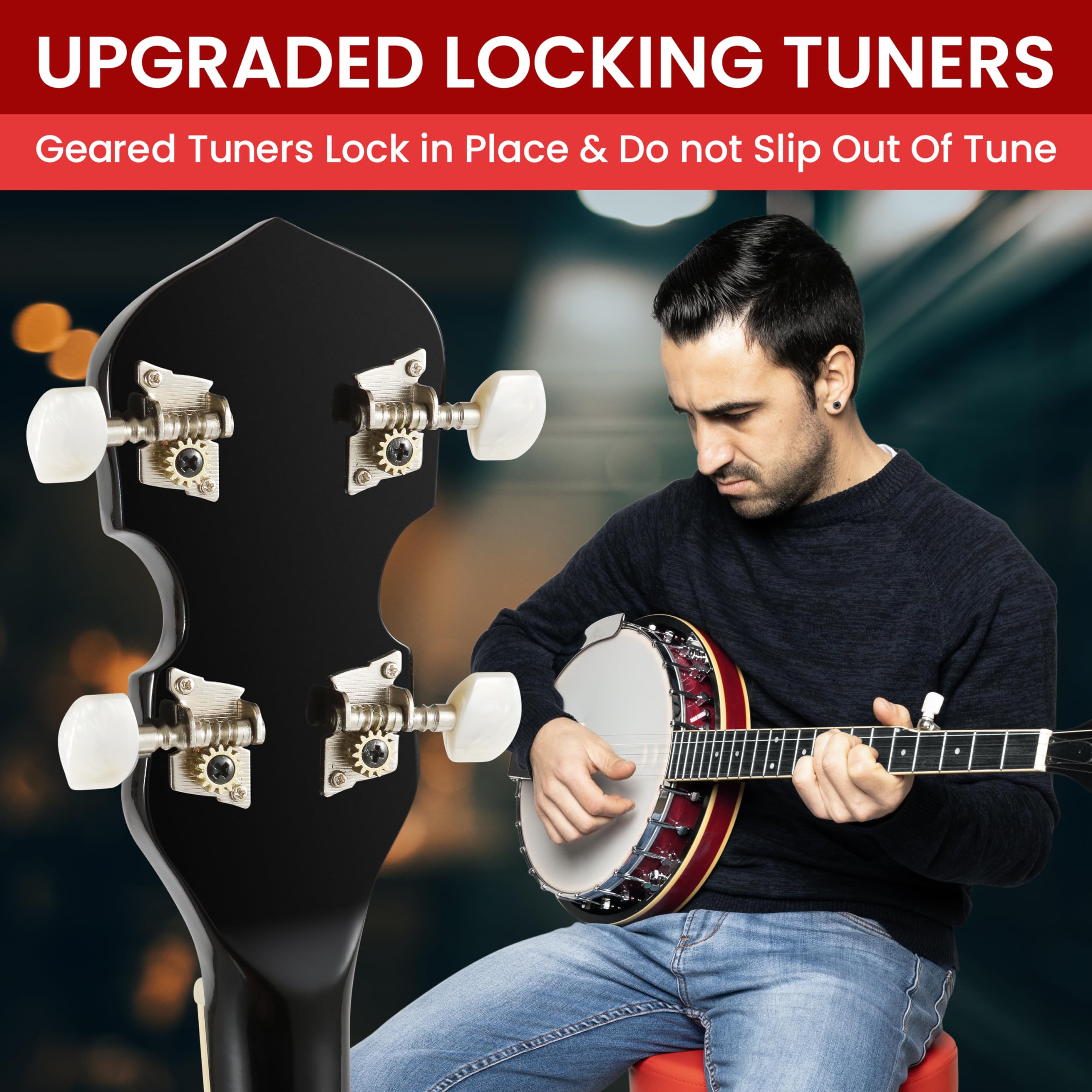 Pyle Banjo Kit with Remo Head and Sapele Resonator, 39" Full Size Traditional Open or Closed Back 5 String Instrument with 24 Brackets, Geared 5th Tuner, Premium Accessory Kit (Red Burst)