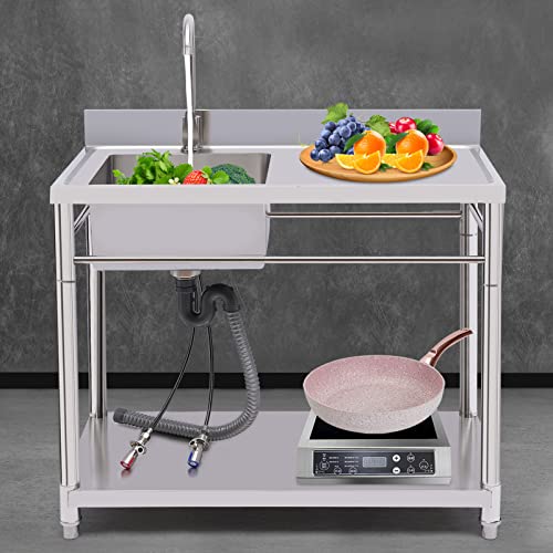 FXEIPOL Stainless Steel Utility Sink 1 Compartment Stainless Steel Commercial Sink 31.5 x 39.37 x 19.68 Inch Commercial Kitchen Sink with shelf Table Utility Sink for Kitchen, Bar, Restaurant