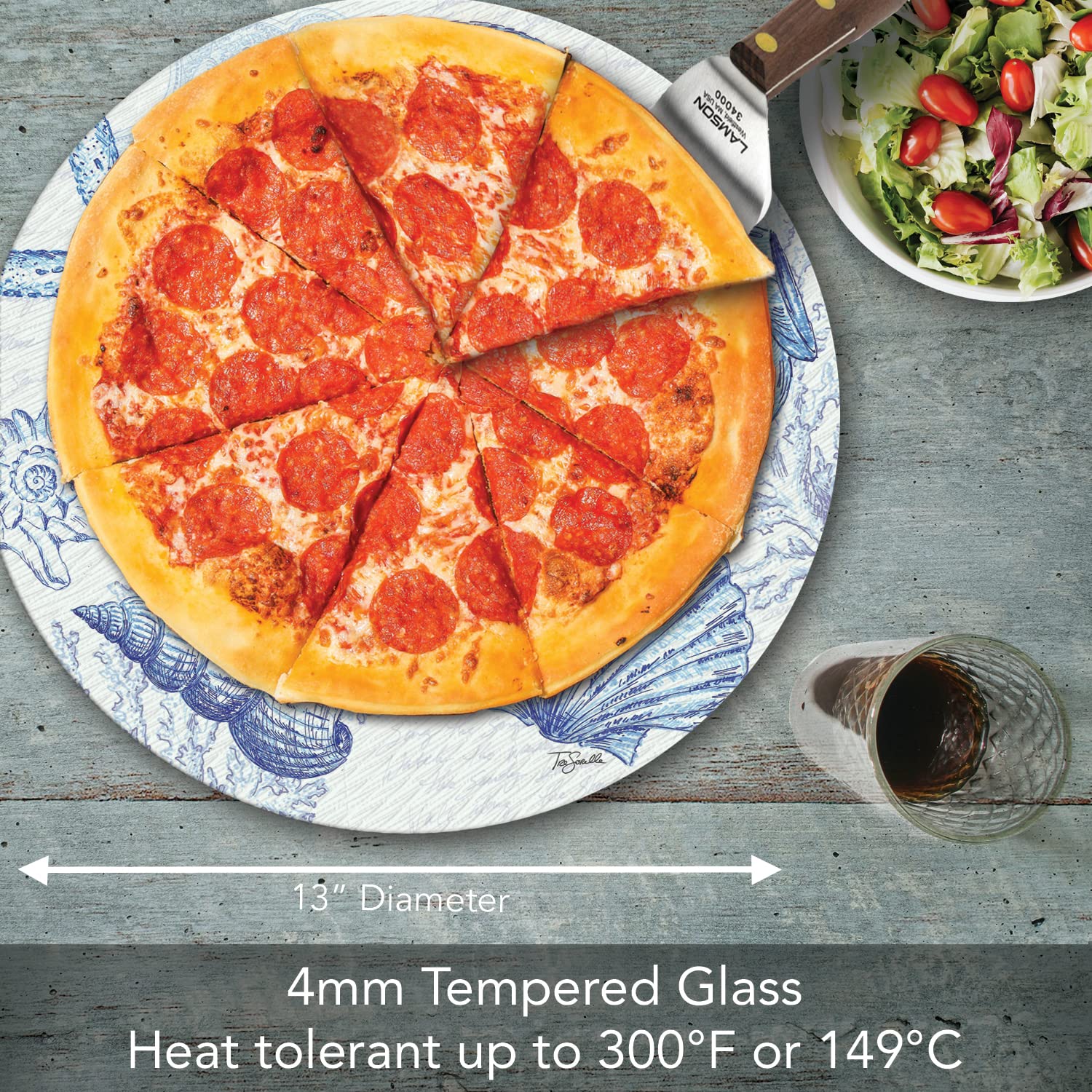 CounterArt Coastal Sketch 4mm Heat Tolerant Tempered Glass Lazy Susan Turntable 13" Diameter Cake Plate Condiment Caddy Pizza Server