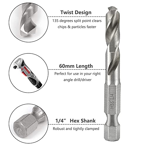 Saipe 5pcs 1/4" Quick Change Hex Shank Metal Stubby Drill Bits Short Drill Bit Set HSS M2 for Right-Angle Drill Attachment and Used in Tight Spaces, 3/32, 1/8, 3/16, 1/4, 5/16-Inch