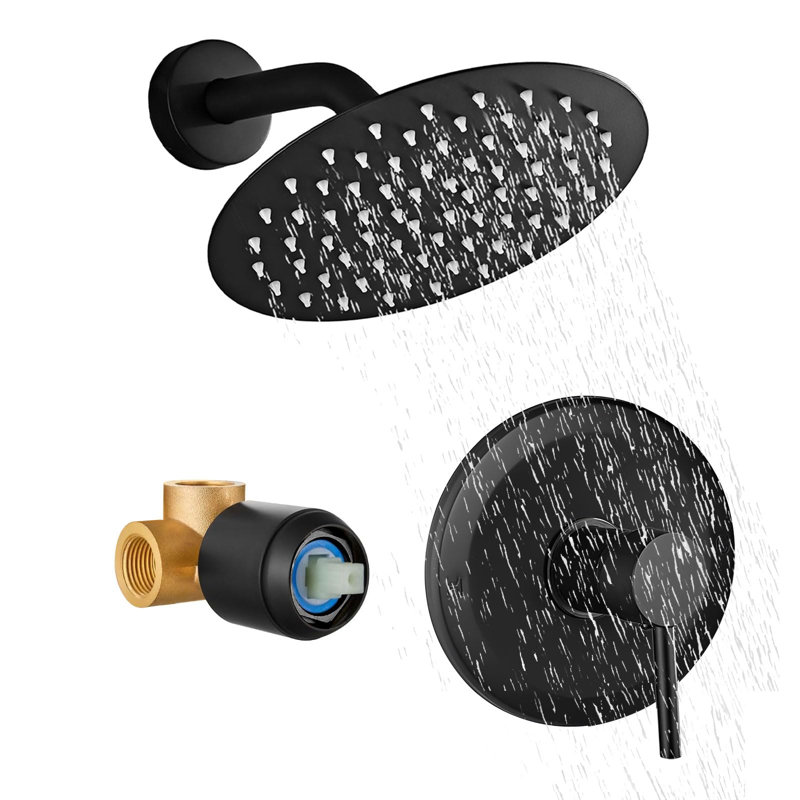 HUCKLE Shower Faucet Set with Shower Head, 8-Inch Black Shower Faucet with Valve, Single-Handle Rainfall Shower Head, Matte Black Shower Head for Bathroom