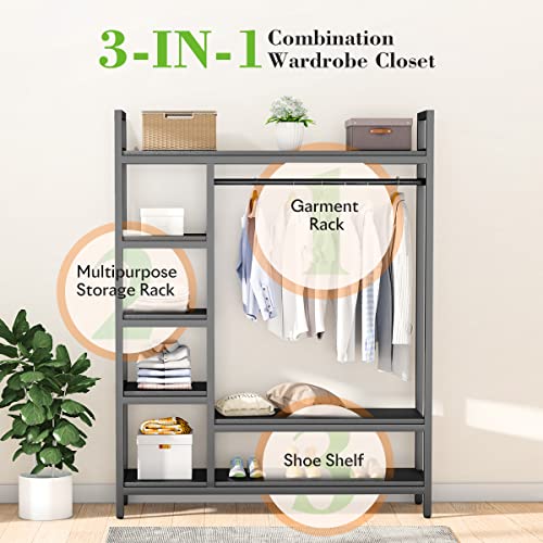 HOKEEPER 600lbs Capacity Free Standing Closet Organizer with 6 Metal Shelves Heavy Duty Clothing Rack for Hanging Clothes Sturdy Storage Wardrobe Closet Garment Rack for Bedroom