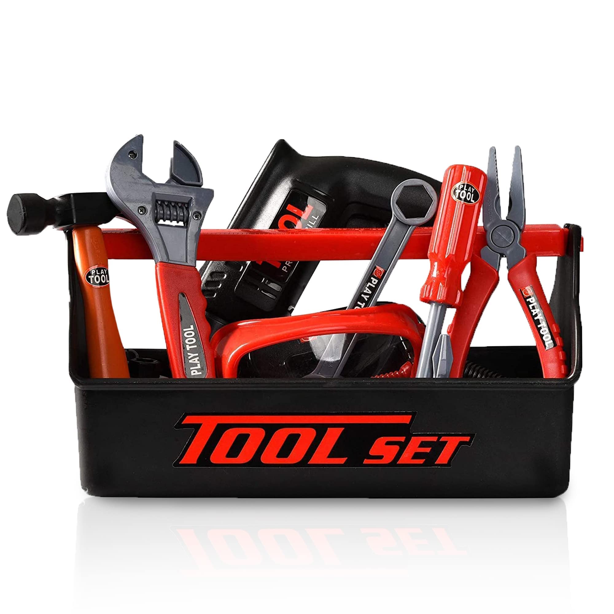Playkidz Tool Box for Kids 22-Piece Boys & Girls Construction Toy Playset w/Carry Chest, Working Push Button Power Drill, Hammer, Screwdriver, Wrench, Pliers, Saw & Other Realistic Tools Ages 3+