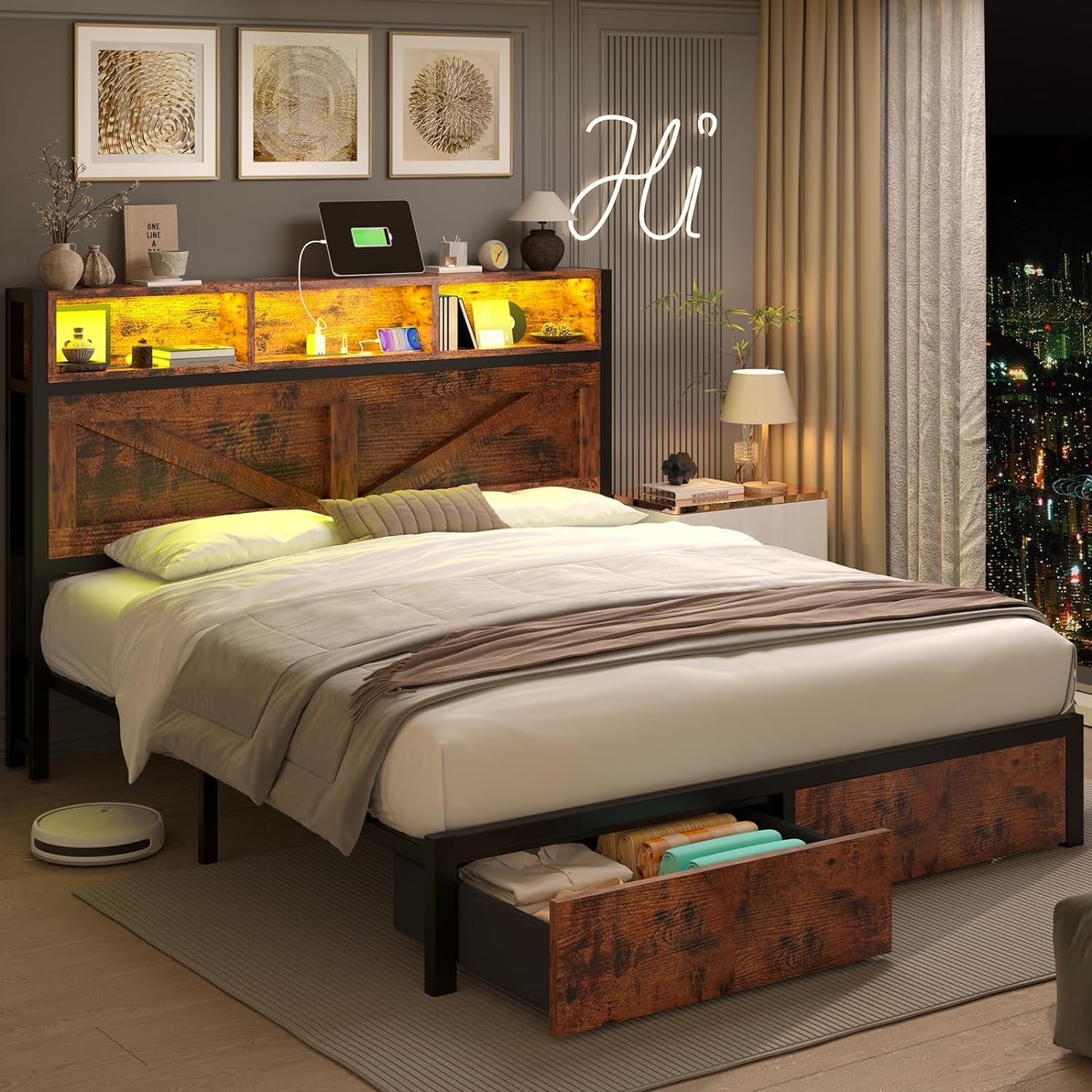 Farmhouse Queen Bed Frame with Bookcase Headboard and Storage Drawers, Charging Station and RGB LED Lights, No Box Spring Needed, Noise Free, Vintage Brown