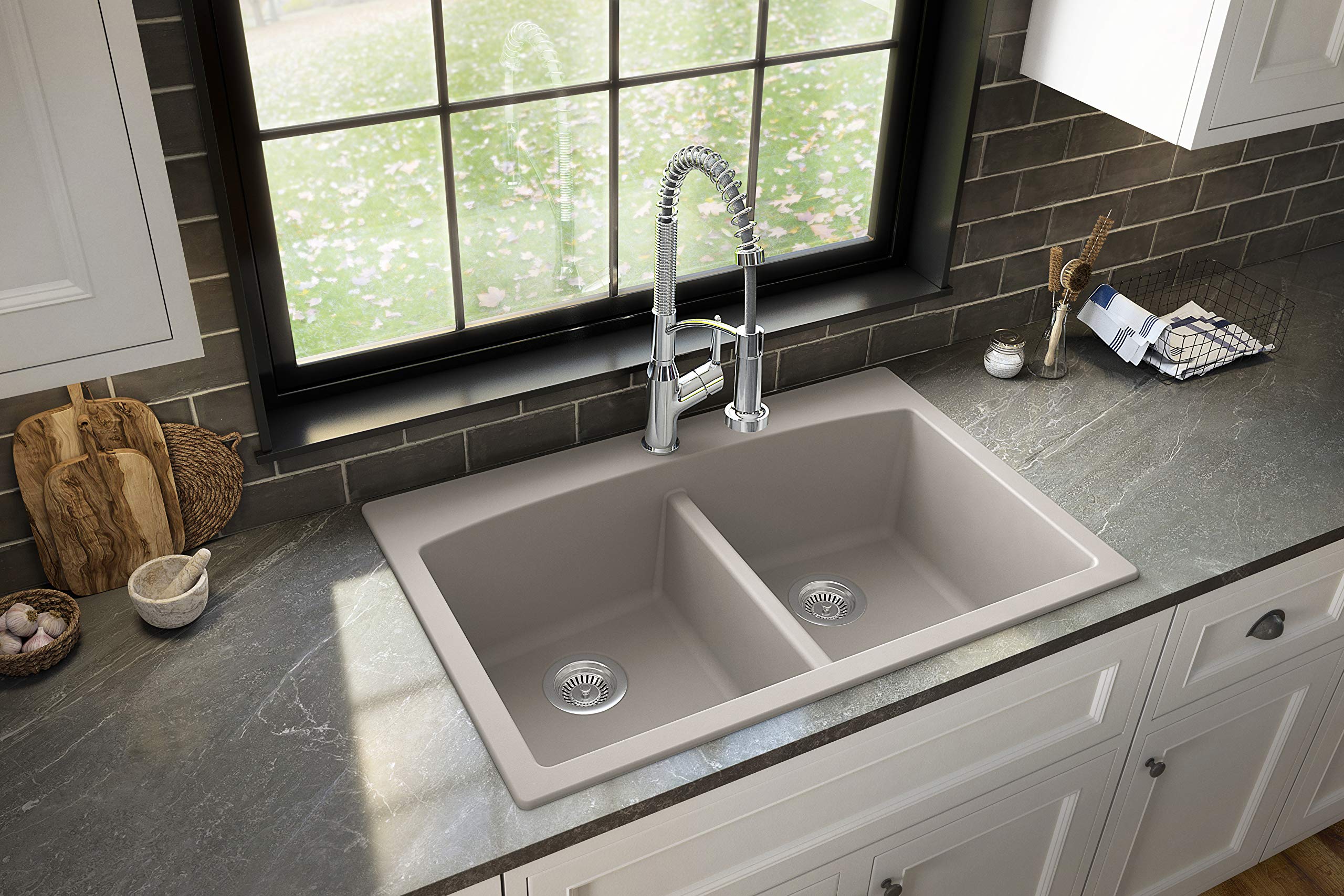 Karran QT-710 Drop-in Quartz Composite 33 in. 1-Hole 50/50 Double Bowl Kitchen Sink Kit in Concrete
