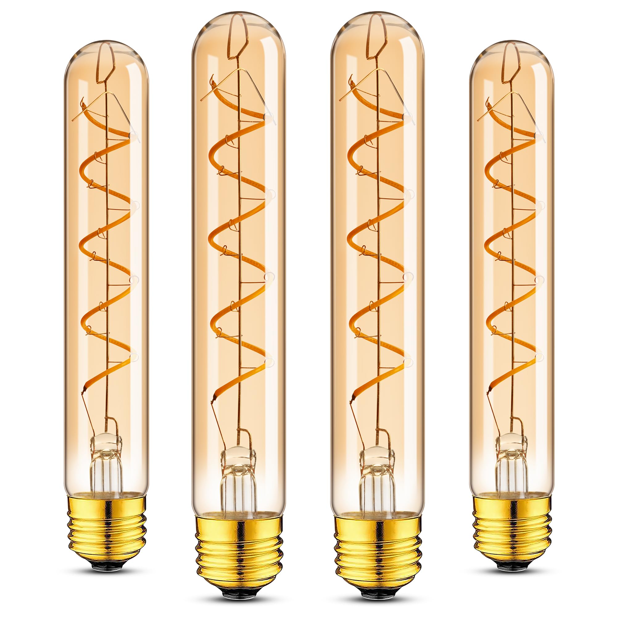 E26 Tubular LED Light Bulbs 40Watt,7.3inch T10 Tube Long Light Bulb Dimmable,4W Thin Vintage Edison LED Filament Decorative Antique Light Bulb,2700K Warm White Type T Bulb,400LM,110V,Amber(4-Pack)