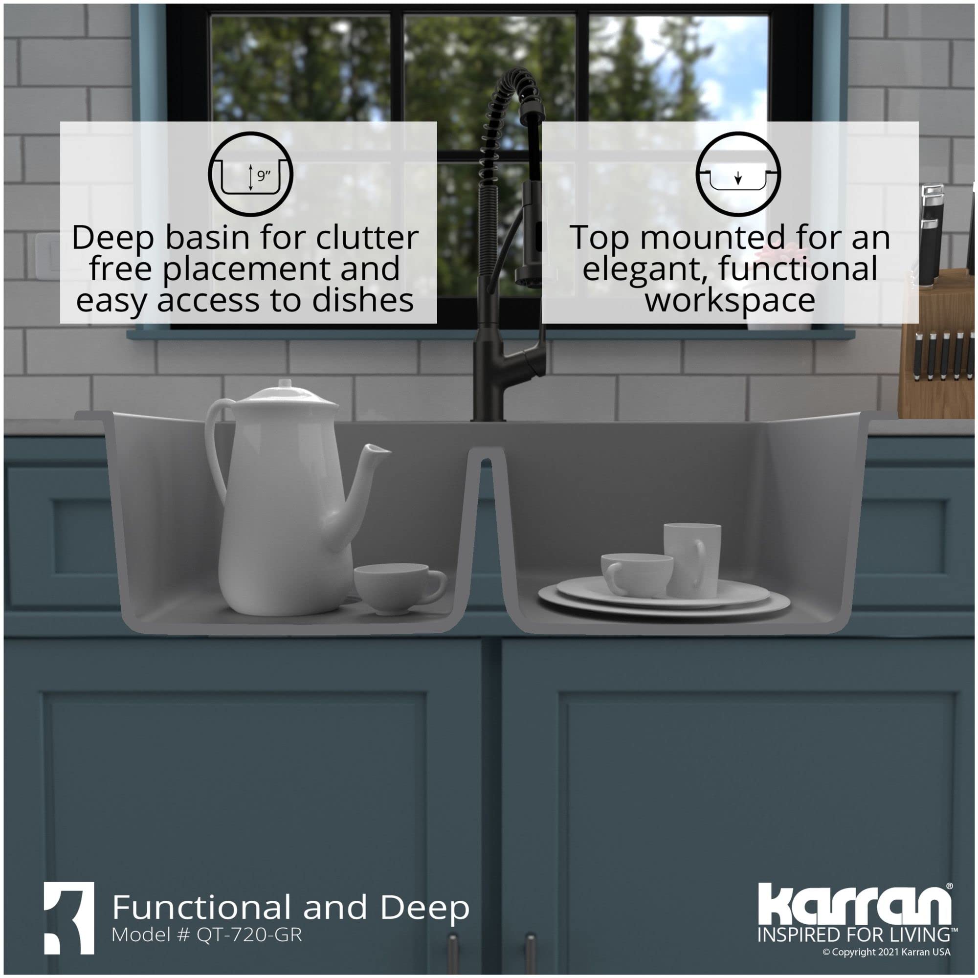 Karran QT-720 Drop-In Quartz Composite 34 in. 1-Hole 50/50 Double Bowl Kitchen Sink Kit in White