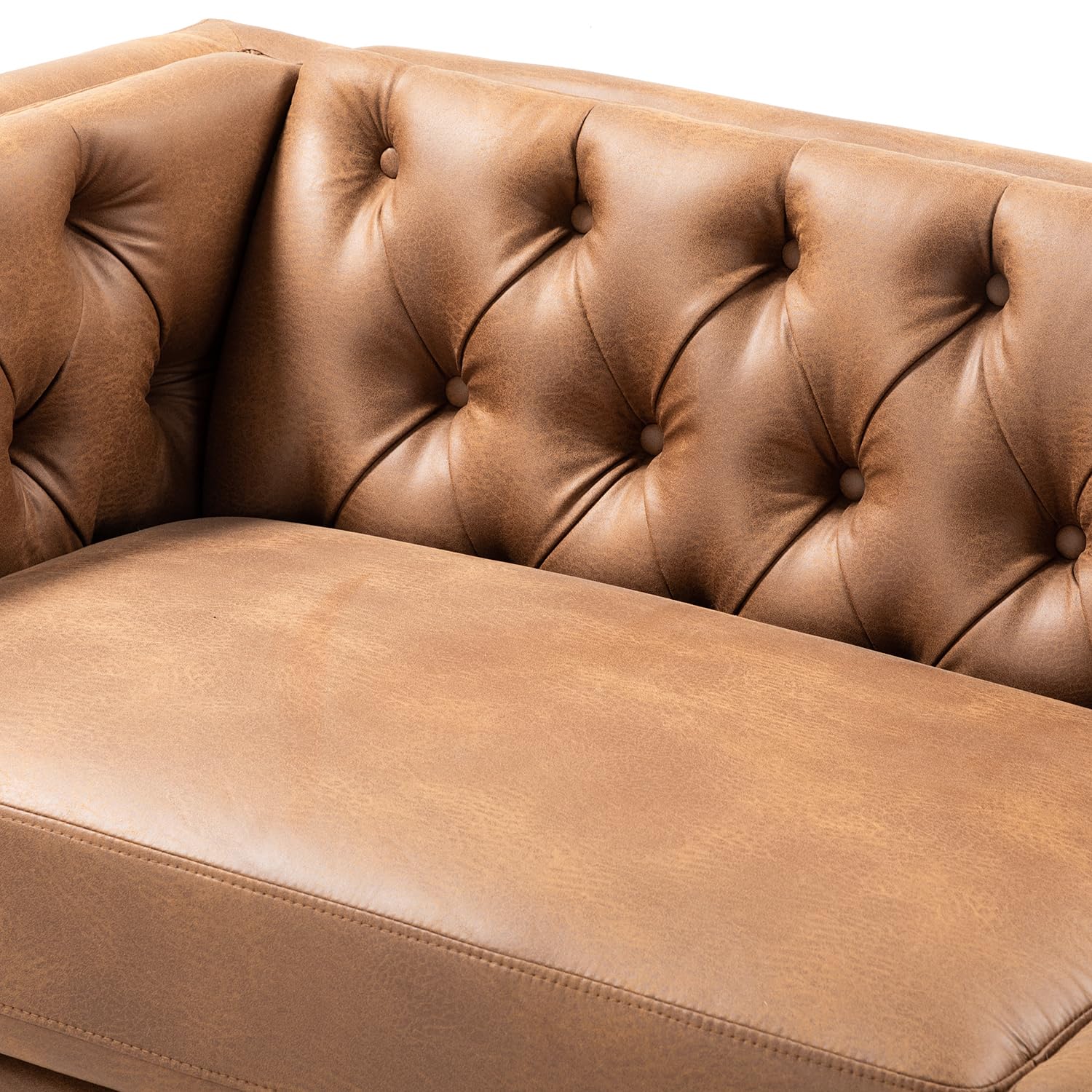 HULALA HOME 84" W Suede Faux Leather Sofa Couch with Metal Legs, Button-Tufted 3-Seater Sofa, Mid Century Modern Contemporary Upholstered Couch for Living Room, Entertainment Area, Apartment,Camel