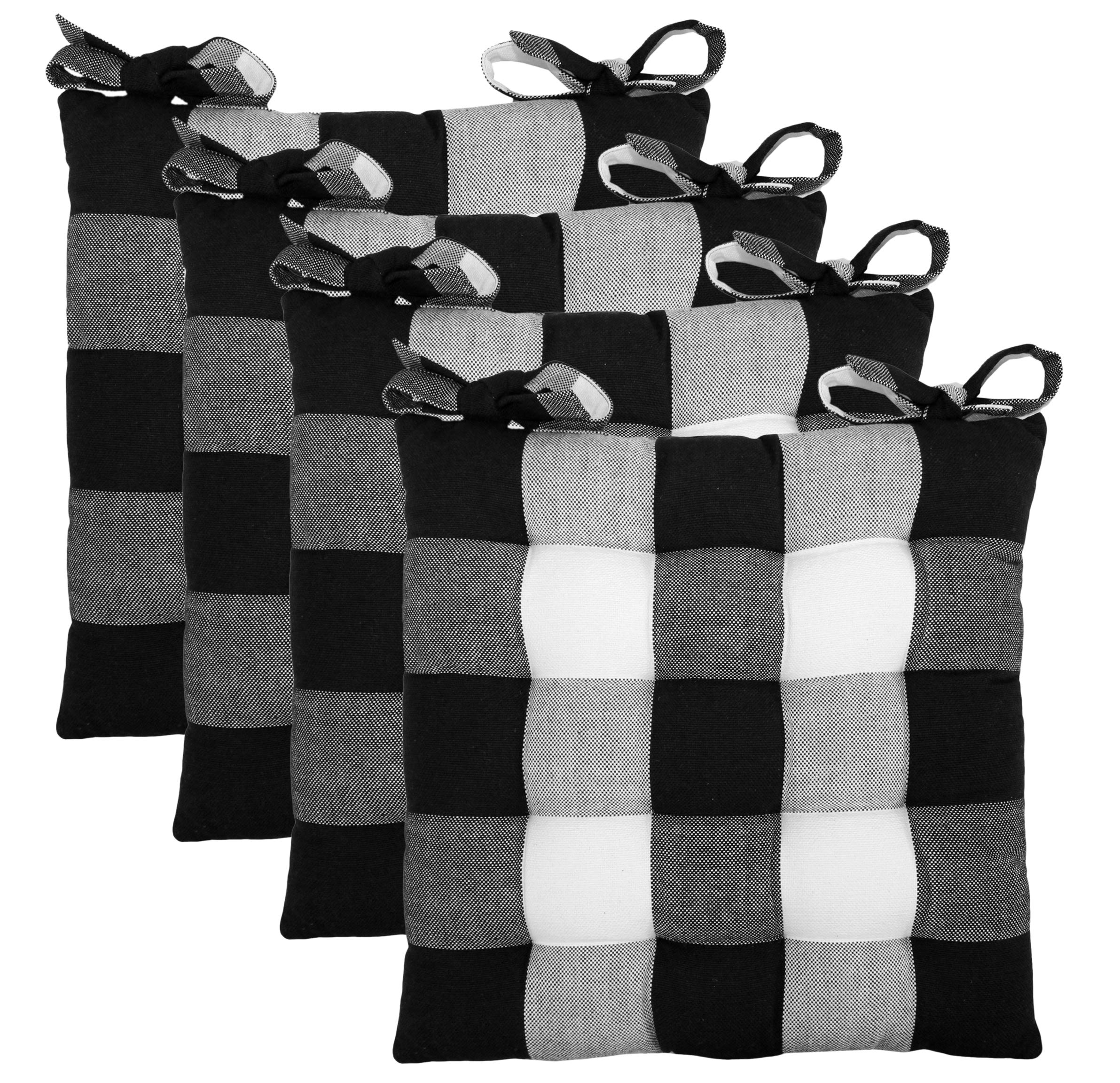 COTTON CRAFT Chair Cushion Pads - Set of 4 - Buffalo Gingham Check - Dining Kitchen Office Chair Seat Cushion with Ties - Durable Cotton Fabric - Thick Comfy Poly Fill - Indoor Use - 17x17 in – Black
