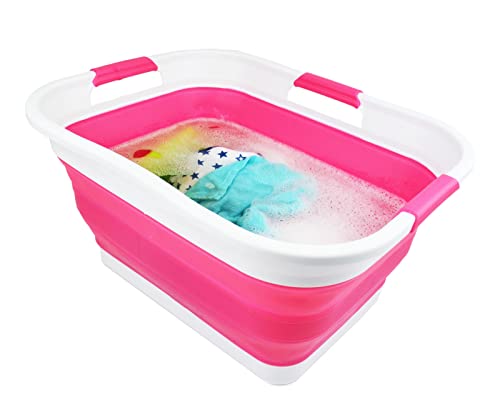 SAMMART 30L(8 gallon) Collapsible Plastic Laundry Basket - Foldable Pop Up Storage Container/Organizer - Space Saving Hamper/Basket - Water Capacity 24L(6.3 gallon) (White/Rose Pink)