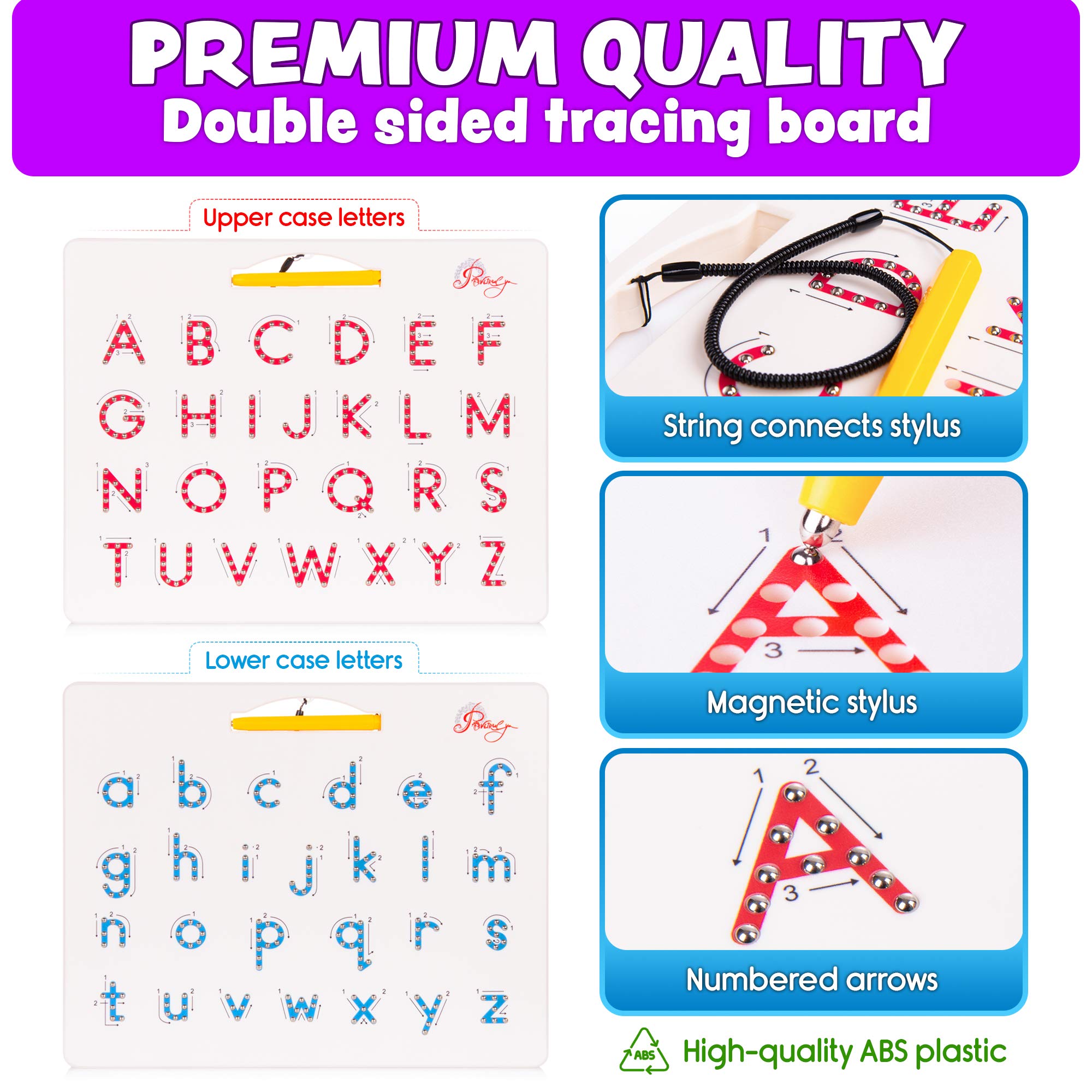Povitrulya Magnetic Alphabet Tracing Board - double-sided upper & lower case Magnetic Drawing Board, ABC magnets for learn to write with magnetic pen, STEM toy letters learning, good for homeschooling