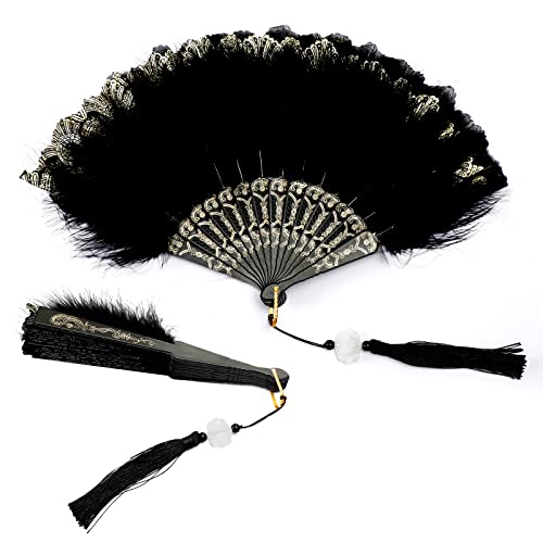 Prebafo Foldable Feather Fan Handheld Chinese Vintage Style Hand Held Folding Fans for Party Wedding Dancing Decoration