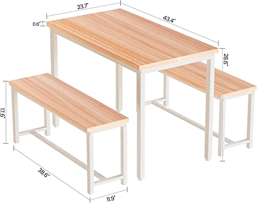 LinkRomat Dining Room Table Set 2 Benches,Dinner Table Set 4-6,Farmhouse Dining Room Table Set,Wood Breakfast Table Set & PU Leather Upholstered Benches Small Spaces,Apartment,Beige 43.4x23.7x28.6''