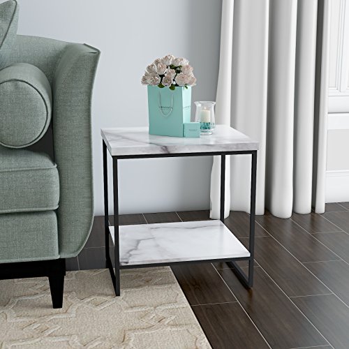 Tilly Lin Faux Marble Side Table, White Marble Small Coffee Table with Storage, 2-Tier End Table for Living Room, Nightstand for Bedroom (White, Black)