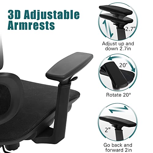 FelixKing Ergonomic Office Chair, Home Office Rolling Swivel Chair Mesh High Back Computer Chair with 3D Adjustable Armrest & Lumbar Support, Ventilated Mesh Desk Chair with Headrest (Black)