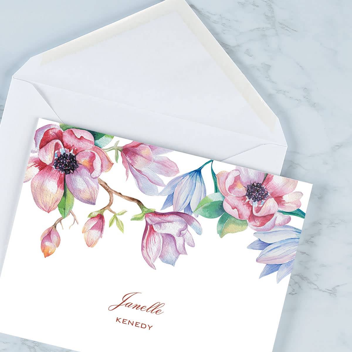 Magnolia Personalized Note Card Set - 24 Cards with White Envelopes, 4¼ x 5½ Inch Size, Blank Inside, Add a Name, For Thank You Notes, or Graduation Gifts…