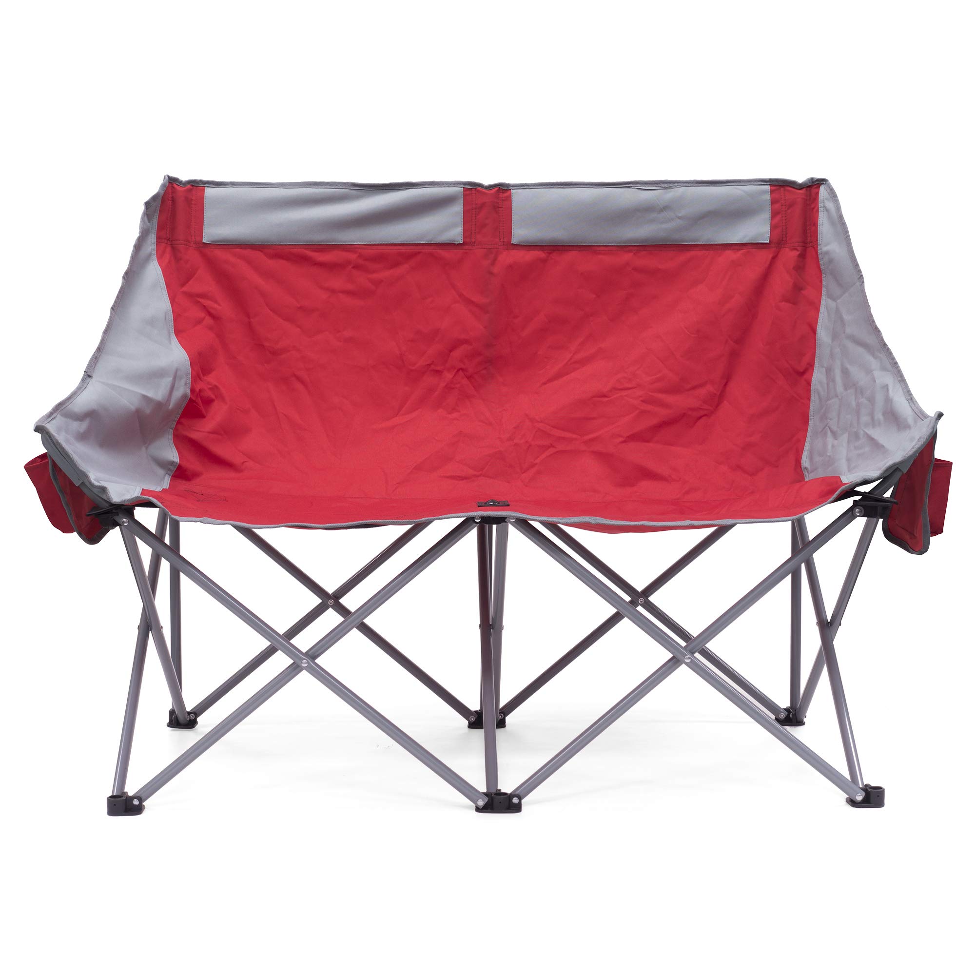 Creative Outdoor Folding Camping 2-Person Moon Bench Chair with Side Storage Pocket, Red