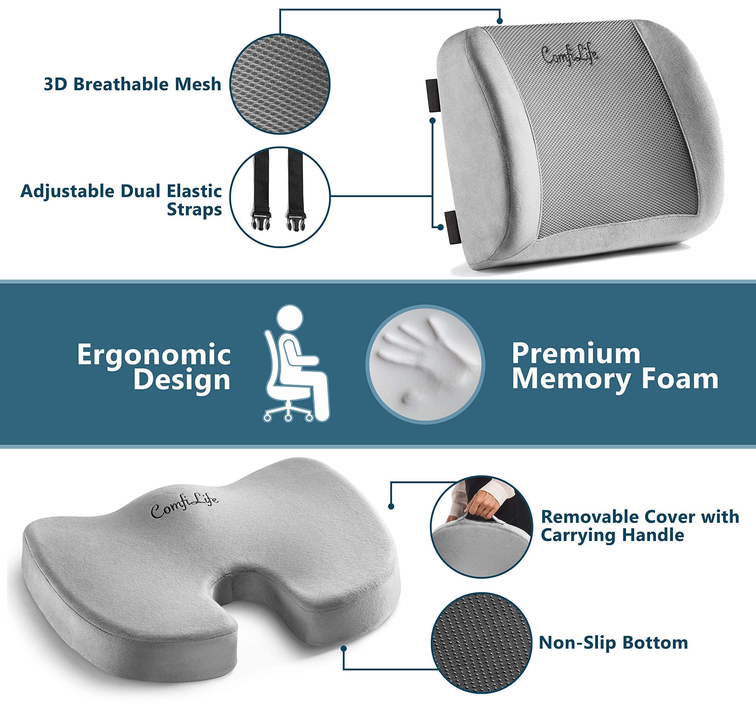 ComfiLife Body Positioner, Seat Cushion & Lumbar Support Bundle, 100% Memory Foam Office Chair & Car Seat Cushion for Back Pain & Sciatica Relief