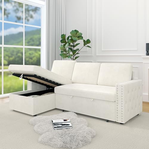 FANYE 85" W L-Shaped Reversible Sleeper Sectional Sofa Chenille Button Tufted Upholstered Corner Convertible Sofabed W/Pull Out Couch Bed and Storage Chaise, Nailhead Decor for Living Room