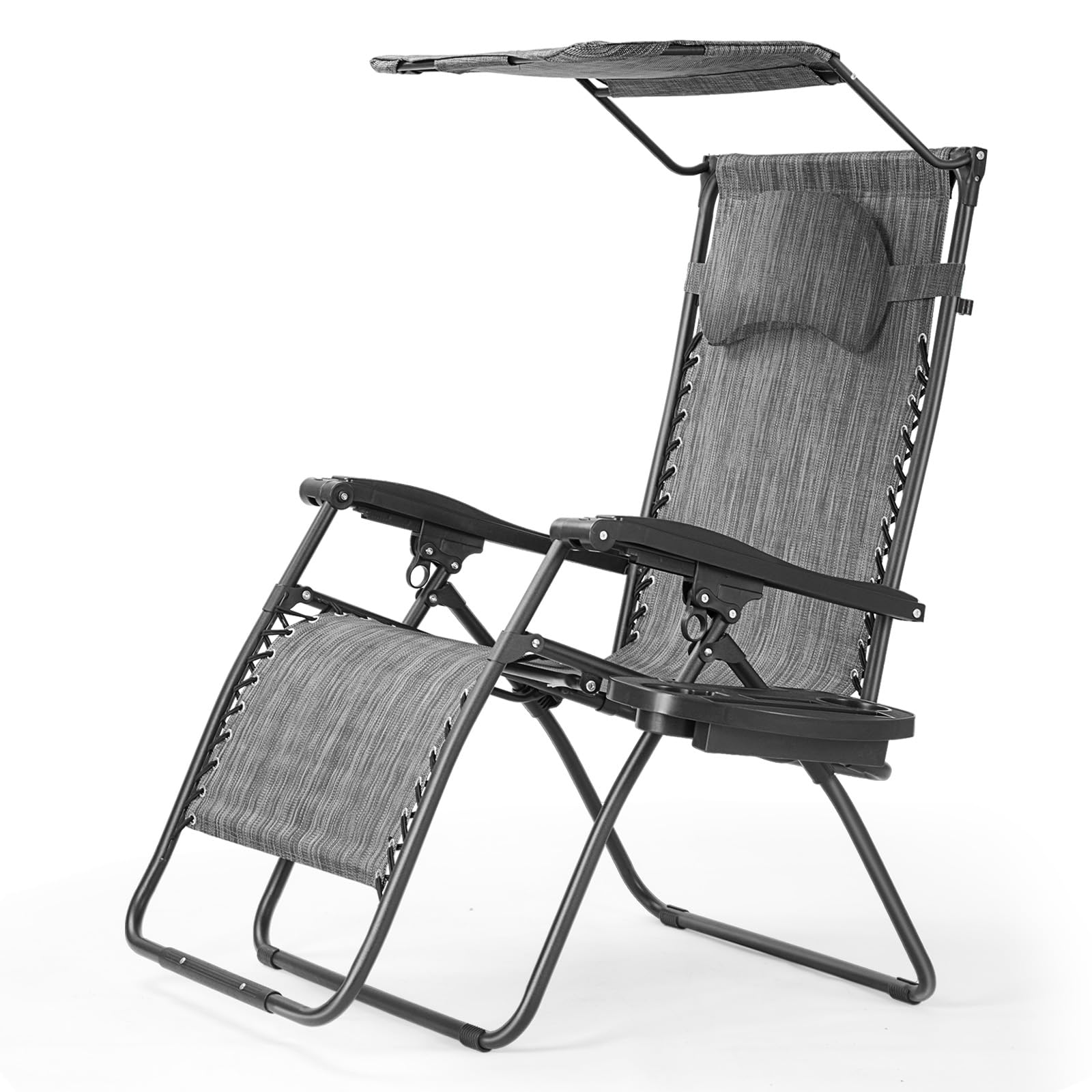 Goplus Zero Gravity Chairs, X-Large Folding Lounge Lawn Chair w/Canopy Shade & Cup Holder, Adjustable Folding Patio Recliner for Pool Porch Deck Oversize (Grey)