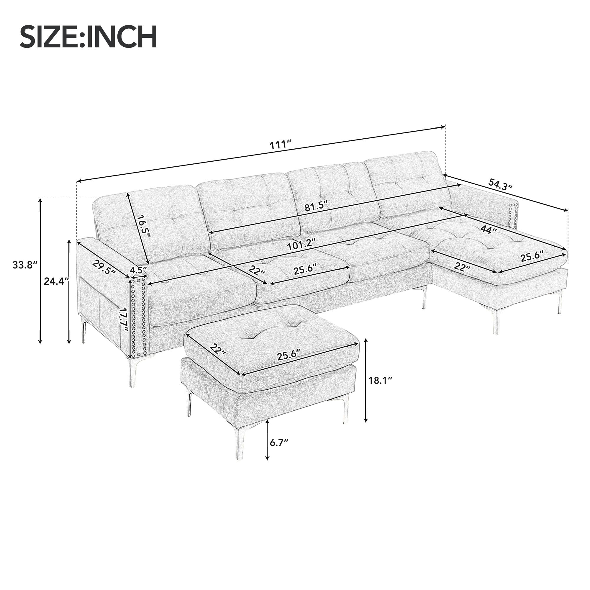 Favfurish 110" L Shape Convertible Sectional Sofa with Movable Ottoman,Velvet U-Shape Modular Couch,for Living Room,Apartment, Office,Green