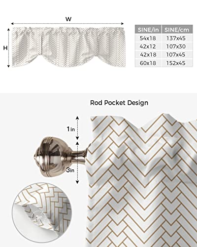 Semi Sheer Valance Adjustable Kitchen Valance for Windows, Modern Herringbone Geometric White and Gold Valances for Bathroom Bedroom Living Room, Tie-up Rod Pocket Decorative Window Curtain 42"x18"