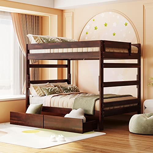 Full Over Full Bunk Bed with 2 Drawers, Solid Wood Bunk Bed Frame with Ladders & Storage Drawers, Bedroom Furniture Can Be Divided Into Two Individual Beds