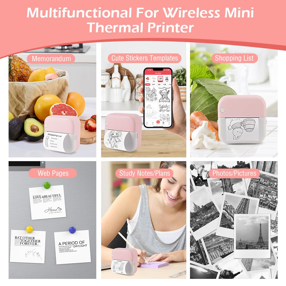 Grednfhat Mini Sticker Printer, Bluetooth Smart Pocket Inkless Thermal Printer with 13 Roll Papers, Portable Mini Printer for Photos Notes Stickers Labels Receipts (Pink)