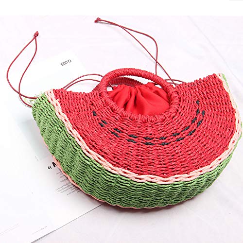 QTKJ Semi-circle Rattan Watermelon Straw Handbags, Hand-woven Summer Fruit Shape Beach Straw Bag with Round Handle for Women (Red Watermelon)