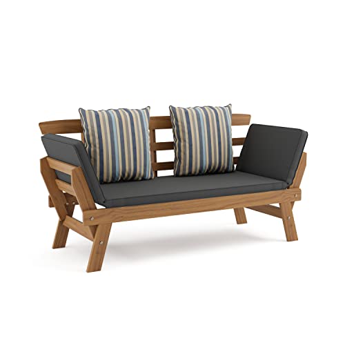 Greemotion Velden Certified Acacia Natural Finish Wood Sofa Narrow Daybed Small Loveseat Patio Sofa Bed Patio Lounge Bed Wood Couch, Outdoor Convertible Daybed Porch Loveseat with Gray Cushion