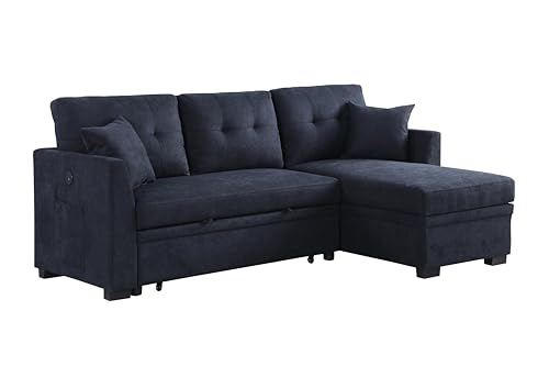 FANYE L-Shaped Reversible Pull Out Sleep Sofabed, Modern Velvet Upholstered Tufted Sleeper Sectional Sofa with Storage Chaise, USB Charging Ports, Side Pockets and 2 Pillows for Living Room
