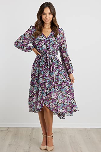 PRETTYGARDEN Women's Floral Print Boho Dress Long Sleeve Wrap V Neck Ruffle Belted A-Line Flowy Maxi Dresses (Floral Purple,Small)