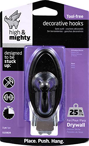 HIGH & MIGHTY 515820 Decorative Metal Hook, Easy Tool-Free Dry Wall Installation, Oval, Holds up to 25lb, Bronze