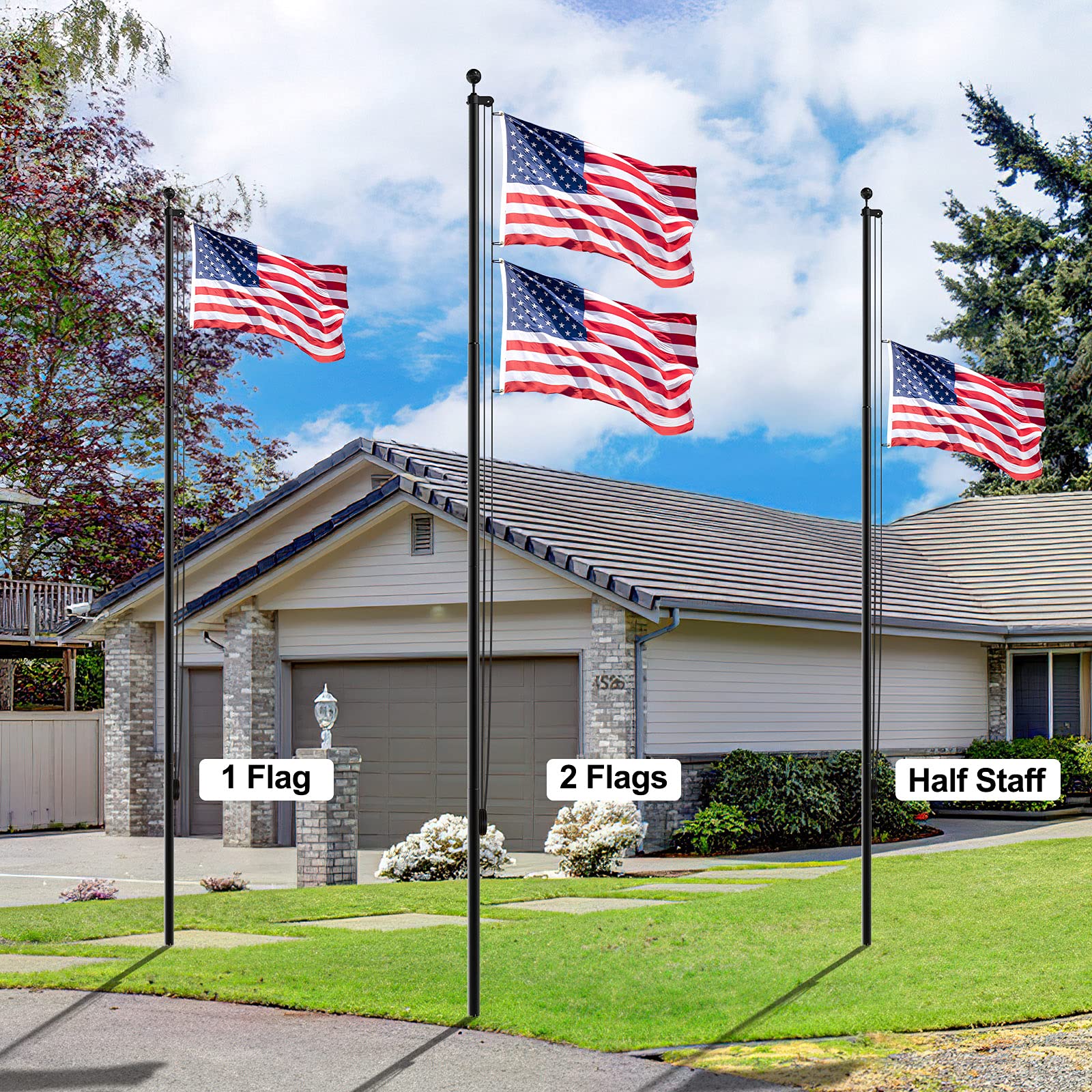 FFILY Flag Pole for Outside In Ground - 20 FT Heavy Duty Flagpole Kit for Yard - Extra Thick Outdoor Flag Poles with 3x5 American Flag for Residential or Commercial, Black