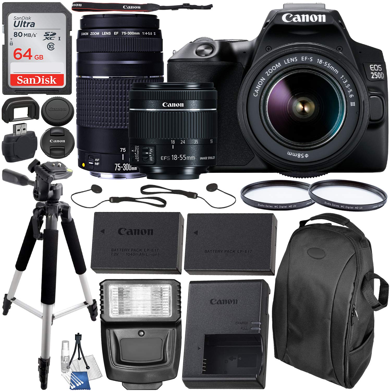 Canon EOS 250D (Rebel SL3) DSLR Camera with 18-55mm & 75-300mm Canon Lenses & Essential Accessory Bundle – Includes: SanDisk Ultra 64GB SDXC Memory Card, Extended Life Spare Battery & More (Renewed)