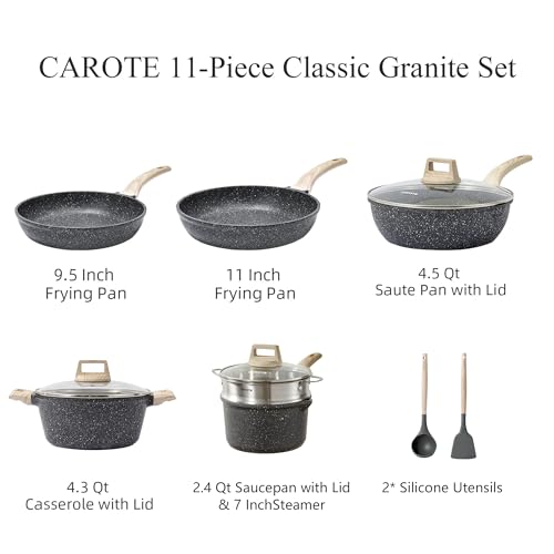 CAROTE Kitchen Cookware Sets, Nonstick Pots and Pans Set 11 Pcs Nonstick Pot, Cookware, Frying Pans (Granite, induction cookware)