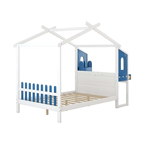 Heliosphere Full Size Platform Bed Frame with Built-in Desk and 2 Drawers, Storage Bed Frame with Separate Storage Pen Case, House Shaped Platform Bed, Solid Wood Bed Frame for Kids Teens Bedroom