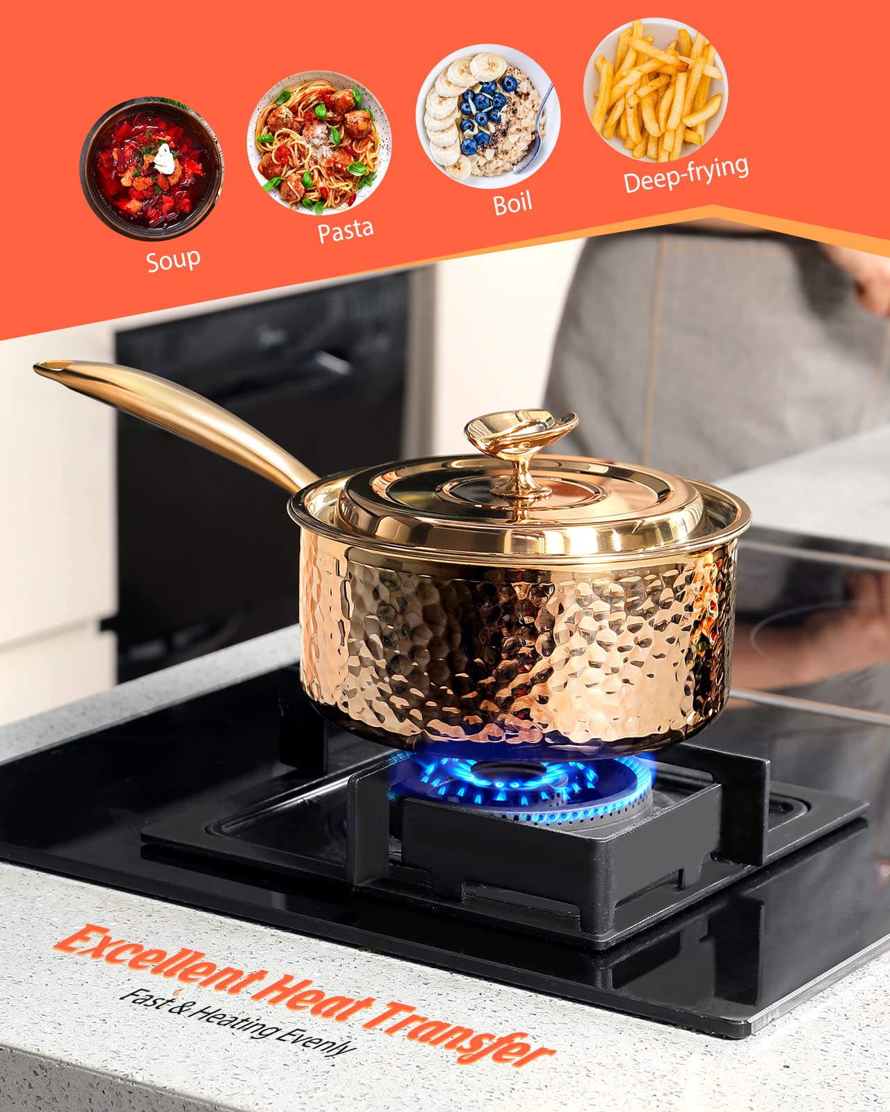 DAEDALUS 3 Quart Uncoated Nonstick Saucepan with Lid, Stainless Steel Pot Triply Hammered Copper for Cooking, Induction Saucepan Cookware for Home Kitchen Restaurant, Dishwasher Oven Safe - Gold