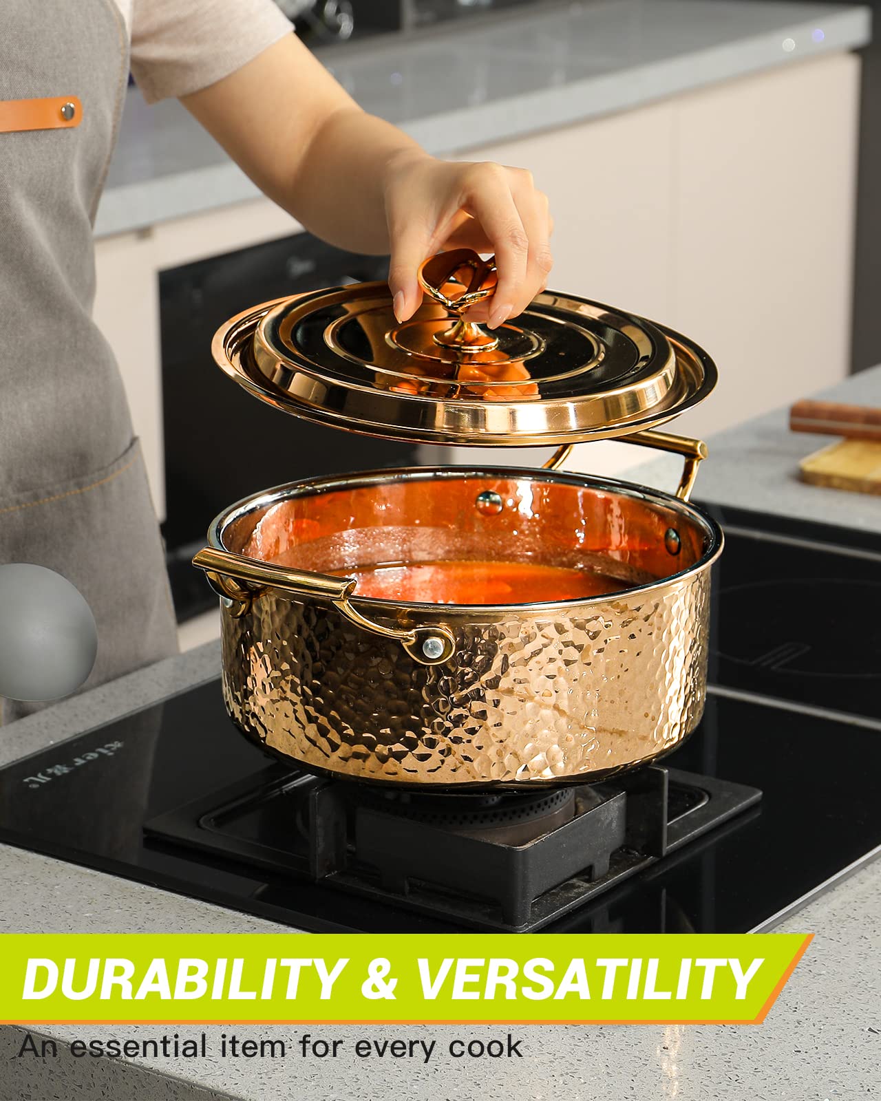 DAEDALUS 7.5QT Stainless Steel Stock Pot with Lid, 3 Triply Clad Hammered Copper Pot, Nonstick Large Stockpot for Home Kitchen Restaurant, Dishwasher Oven Safe -Gold