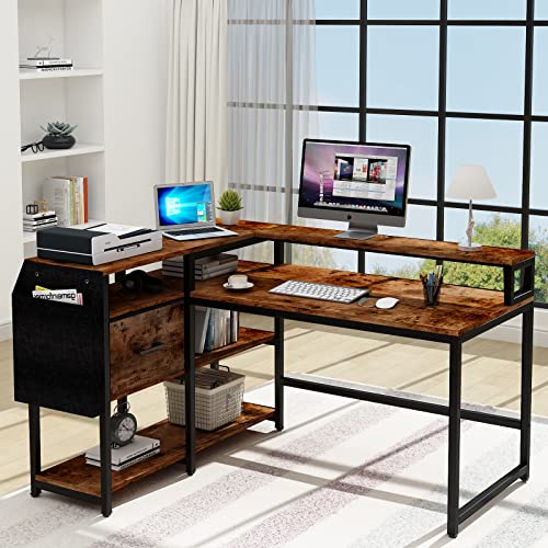 Loomie Reversible L Shaped Desk with Drawer, 55" W x 41" D Industrial Corner Computer Desk with 4 Tier Shelves & Monitor Stand and Bag, Study Table for Home Office, Rustic