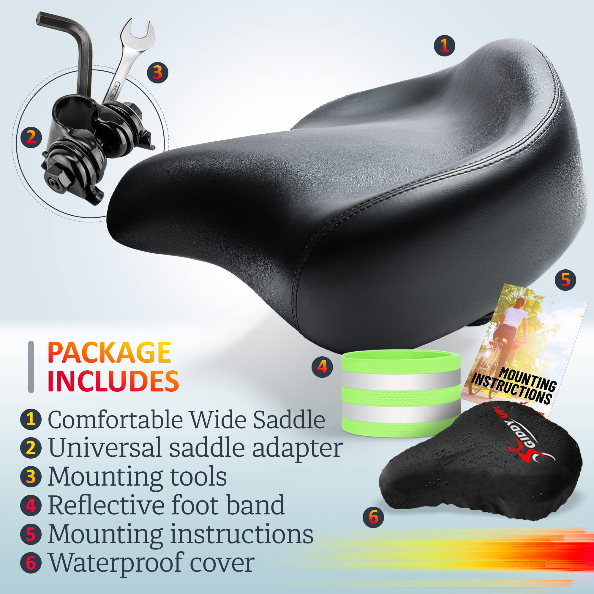 Comfortable Bike Seat Replacement - Wide Bike Saddle Memory Foam for Men Women - Universal Fit Indoor Outdoor
