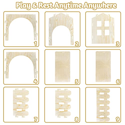 Fhiny Wooden Rabbit Castle Hideout with Fence, Small Animal Rest and Play House Hideaway with Window Detachable Rabbit Bed Hut Bunny Castle for Indoor Chinchilla Guinea Pig Hedgehog